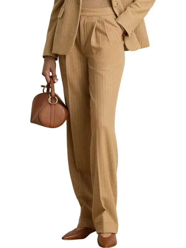 Ralph Lauren Pinstripe Pleated Twill Straight Pant - Tan Multi