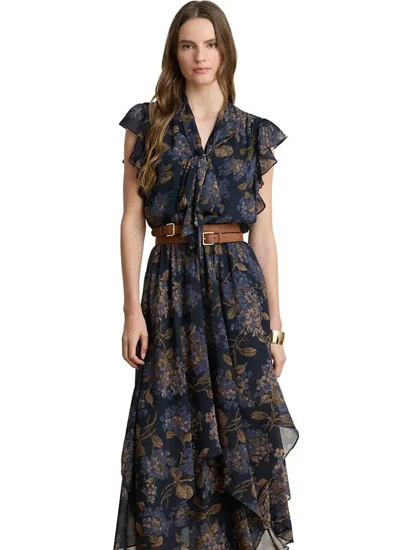 Ralph Lauren Floral Crinkle Georgette Tie-neck Dress - Navy Multi