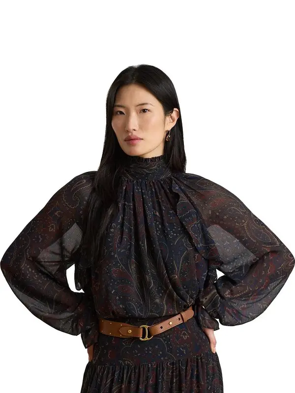 Ralph Lauren Paisley Georgette Mock Neck Blouse - Navy Multi