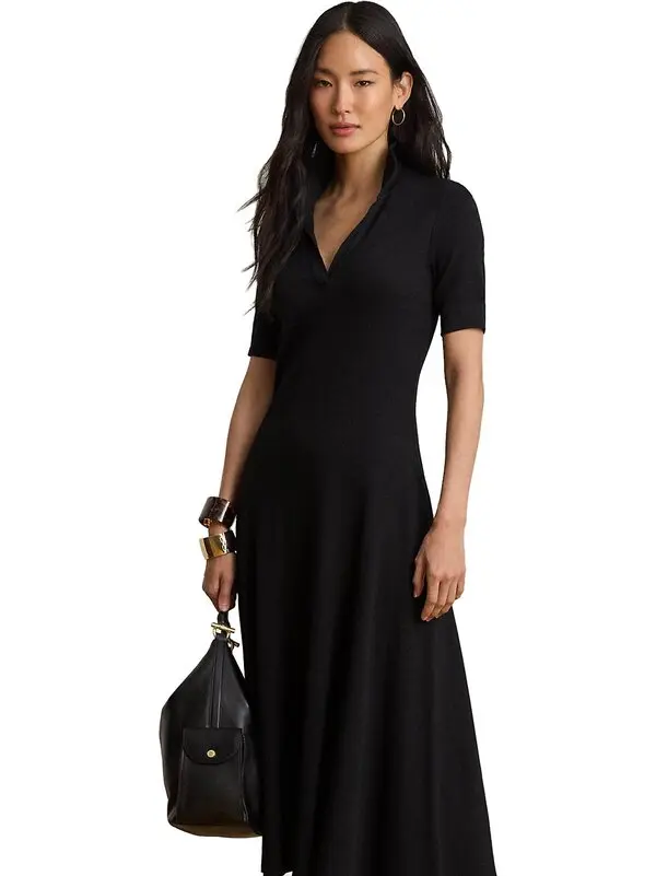 Ralph Lauren Rib-knit Elbow-sleeve Polo Dress - Black