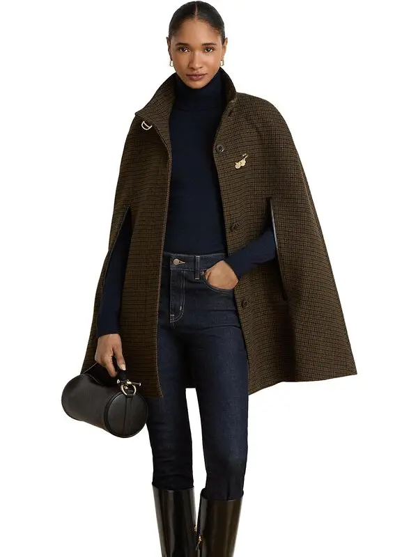 Ralph Lauren Houndstooth Buckle-trim Mockneck Cape - Forest/black Mini