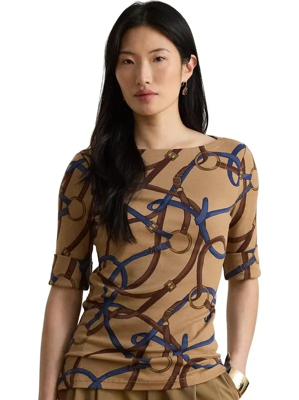 Ralph Lauren Belting-print Cotton Boatneck Tee - Camel Multi