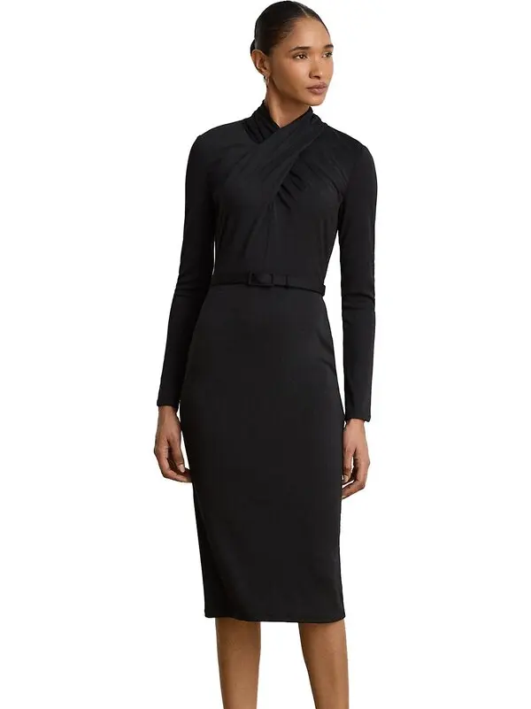 Ralph Lauren Belted Mock Neck Jersey Sheath Dress - Black