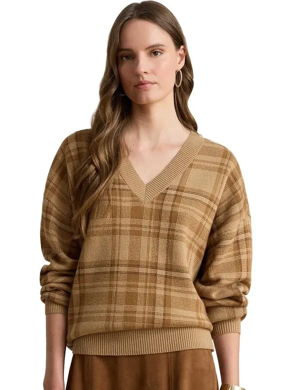 Ralph Lauren Plaid V-neck Sweater - Camel Multi