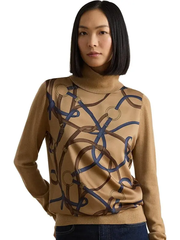 Ralph Lauren Belting-print Turtleneck Sweater - Camel Multi