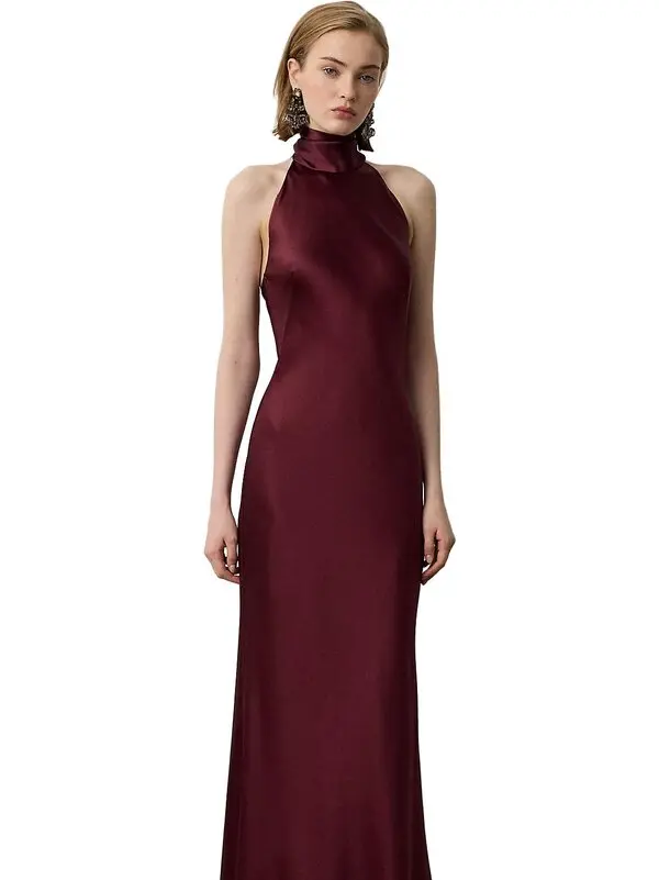 Ralph Lauren Chilton Satin Halterneck Evening Gown - Carmine