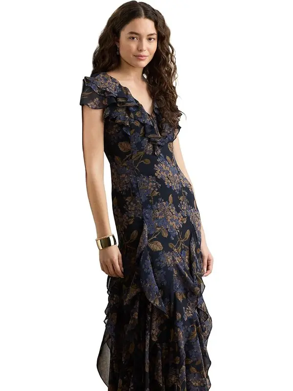 Ralph Lauren Floral Ruffle-trim Georgette Gown - Navy Multi