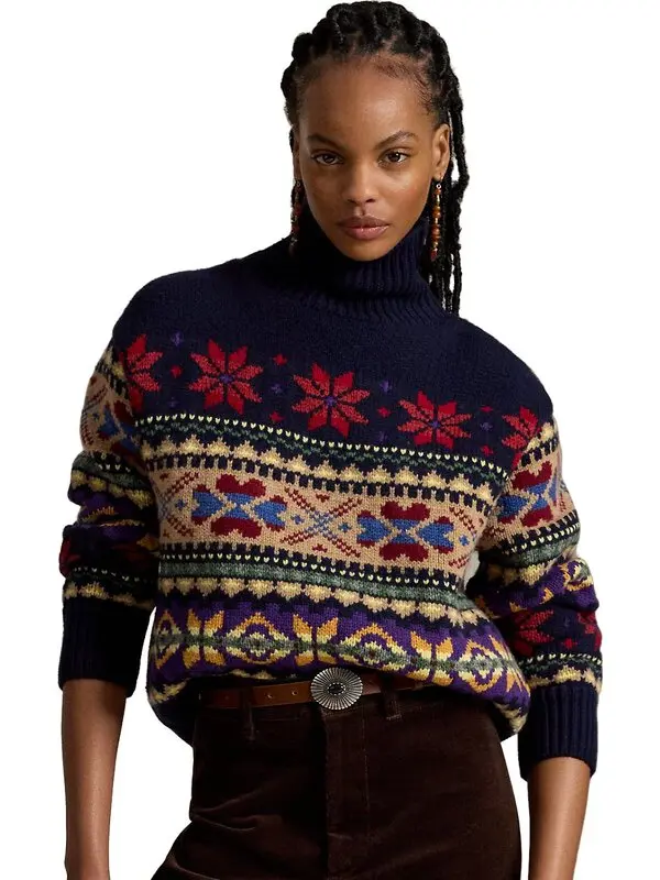 Ralph Lauren Geo-motif Wool-cashmere-blend Turtleneck - Navy Multi