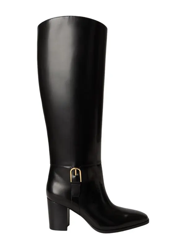Ralph Lauren Raelynn Glazed Leather Tall Boot Heel - Black