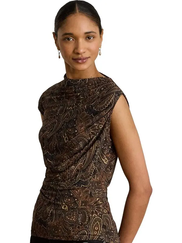 Ralph Lauren Paisley Shirred Jersey Mockneck Top - Black Multi