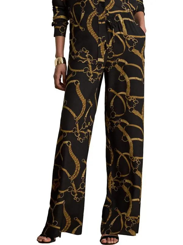 Ralph Lauren Belting-print Crepe Wide-leg Pant - Black/tan