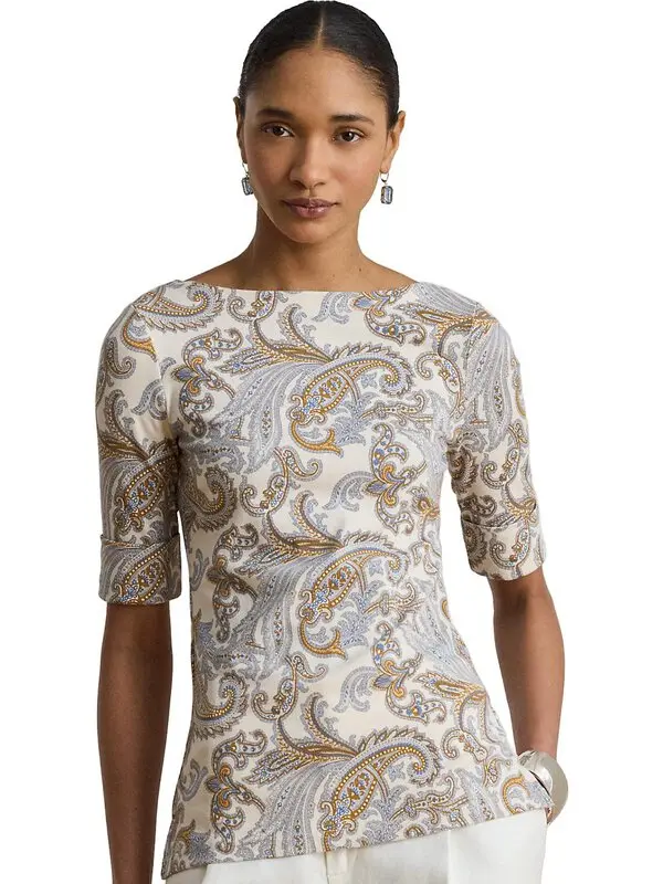 Ralph Lauren Paisley Stretch Cotton Boatneck Tee - Cream Multi