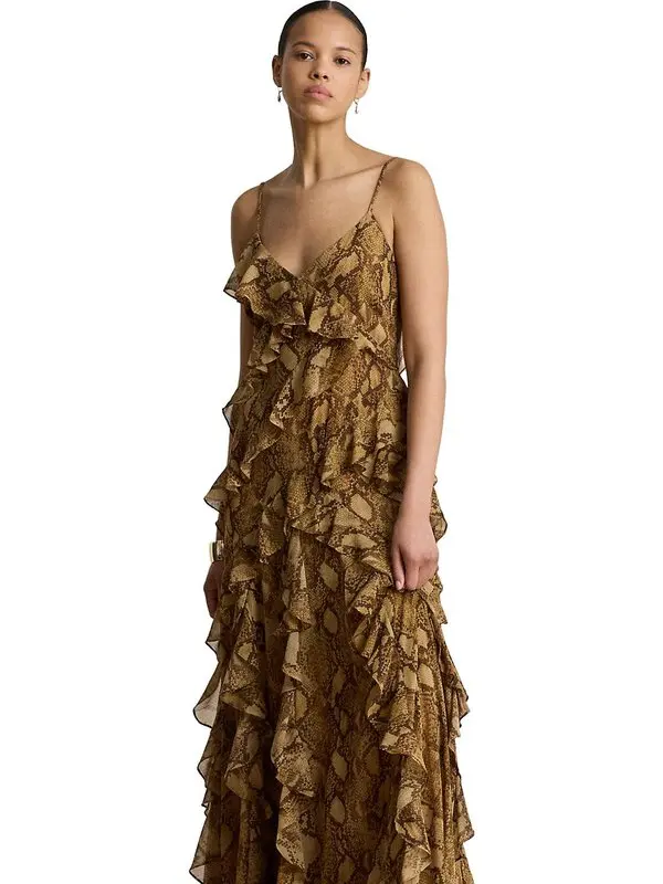 Ralph Lauren Python-print Ruffle-trim Georgette Gown - Tan Multi