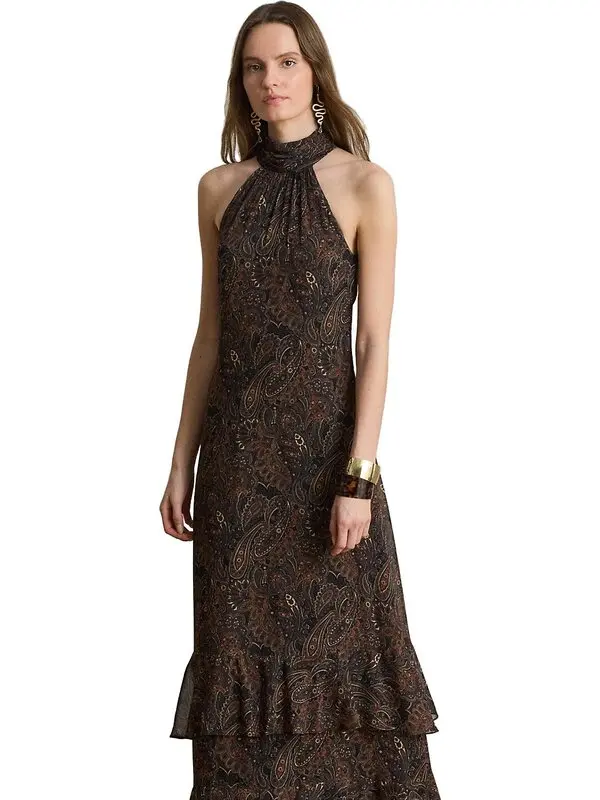 Ralph Lauren Paisley Georgette Tiered Mockneck Gown - Black Multi