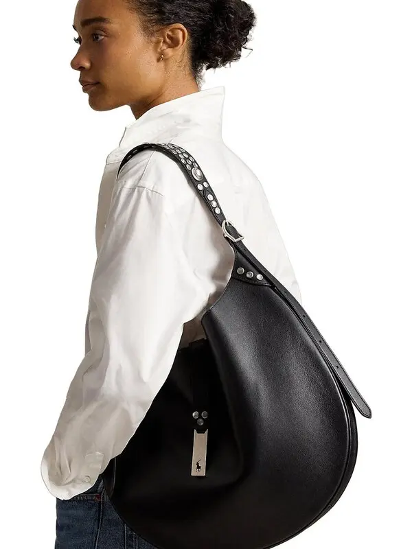 Ralph Lauren Polo Id Stud Leather Large Shoulder Bag - Black