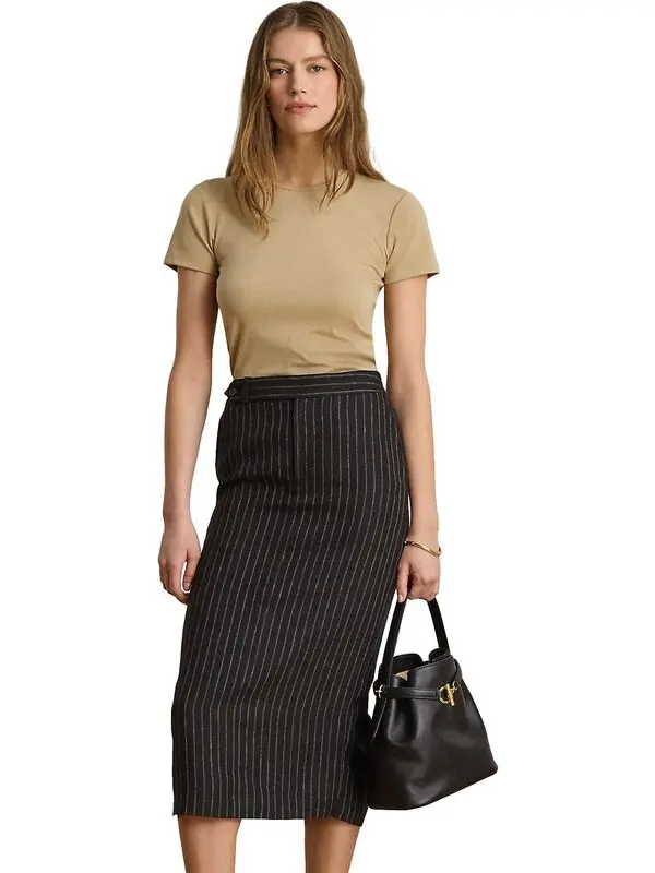 Ralph Lauren Chalk-stripe Linen Pencil Midi Skirt - Black/tan