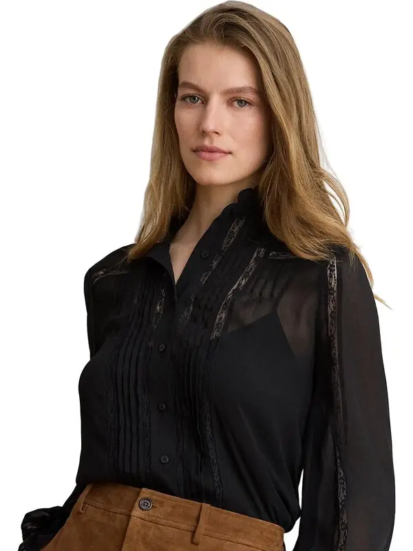 Ralph Lauren Lace-trim Crinkle Georgette Blouse - Black