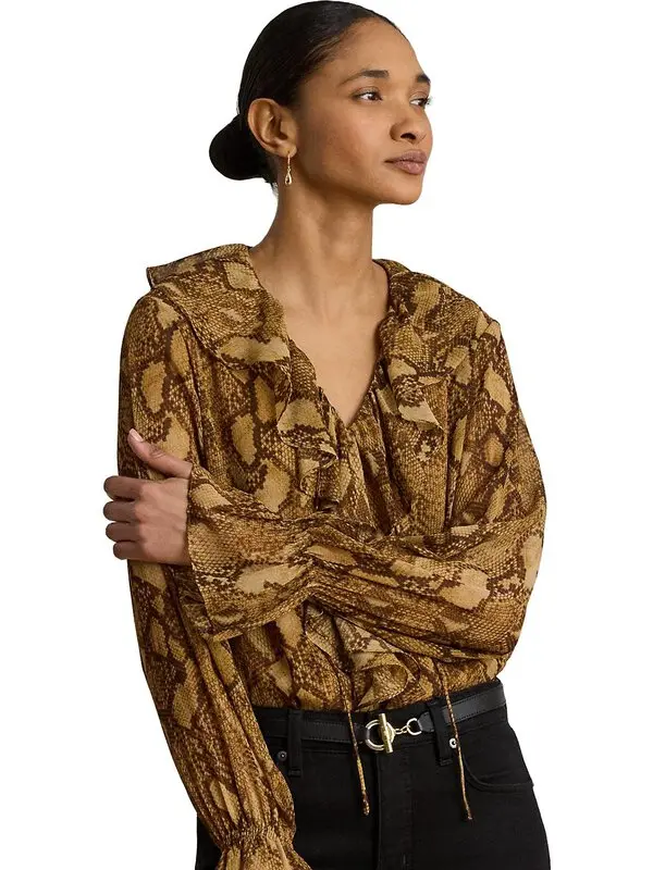 Ralph Lauren Print Ruffle-trim Georgette Blouse - Tan Multi