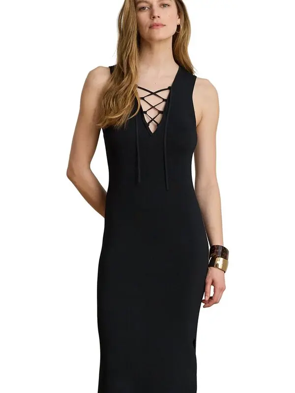 Ralph Lauren Lace-up Rib-knit Sleeveless Gown - Black