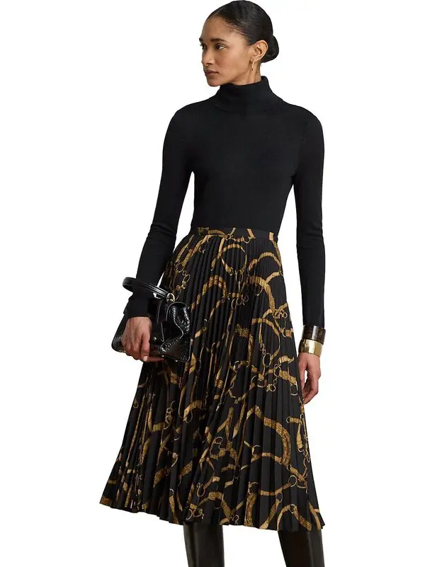 Ralph Lauren Belting-print Pleated Crepe Skirt - Black/tan