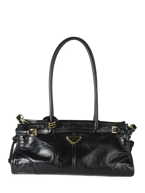 Prada Glossy Calfskin Triangle Bonnie Shoulder Bag - Black