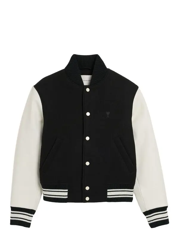 AMI Paris Wool And Leather Padded Teddy Jacket With Embroidery - Black