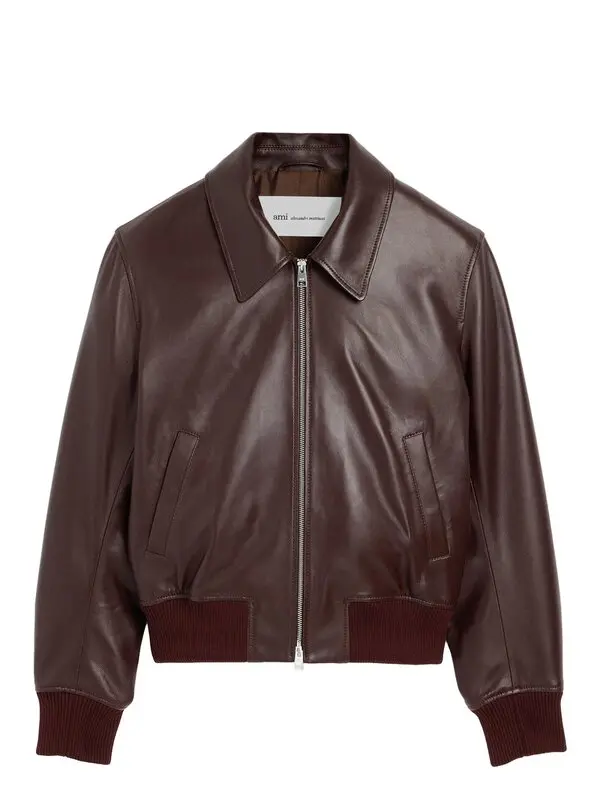 AMI Paris Burgundy Lamb Leather Zipped Jacket Red - Dark Cherry