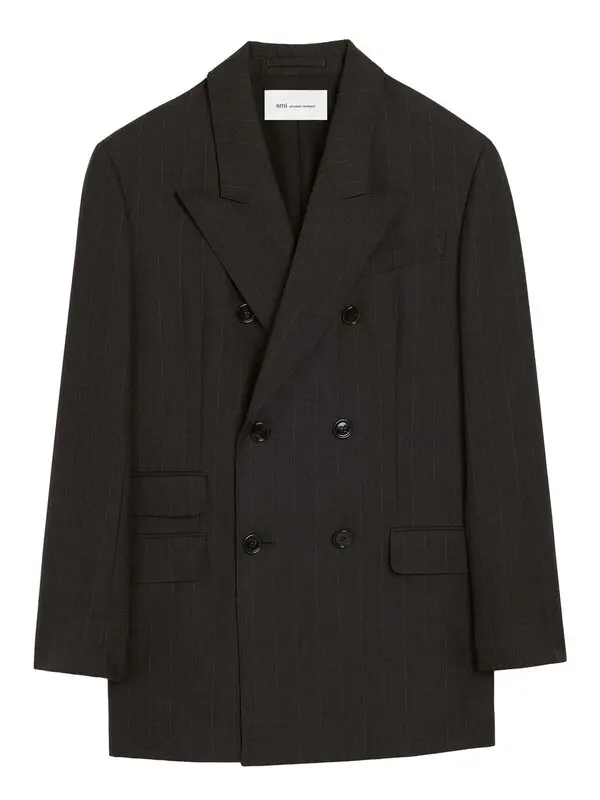 AMI Paris Double Breasted Striped Wool Blazer - Carbone Grey/choco Brown