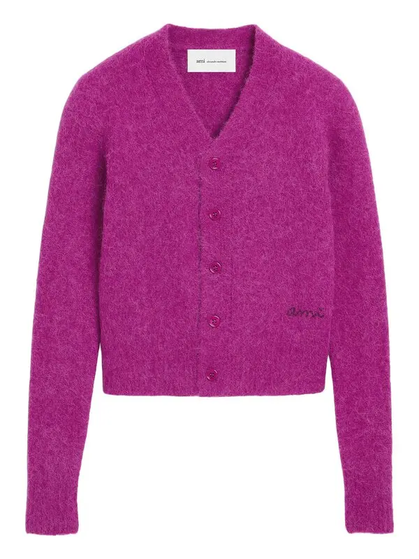 AMI Paris Purple Wool And Alpaca Cardigan With Embroidery Purple - Fuchsia