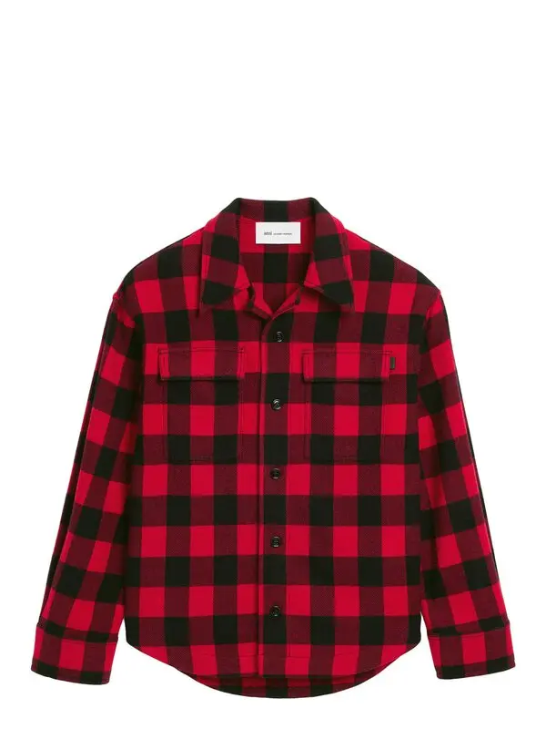 AMI Paris Red Wide Checkered Wool Overshirt Red - Ruby Red/black