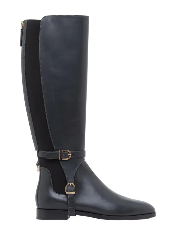 Giorgio Armani Knee High Leather Boots With Rubber Detail And Buckle Fastening - Grey