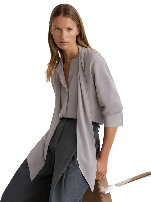 REISS Kathlyn Matte-silk Tie-neck Blouse - Grey