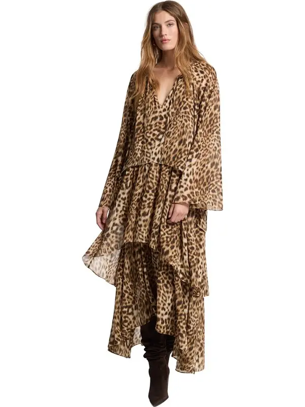 Michael Kors Leopard Print Georgette High-low Dress In Size By - Brown