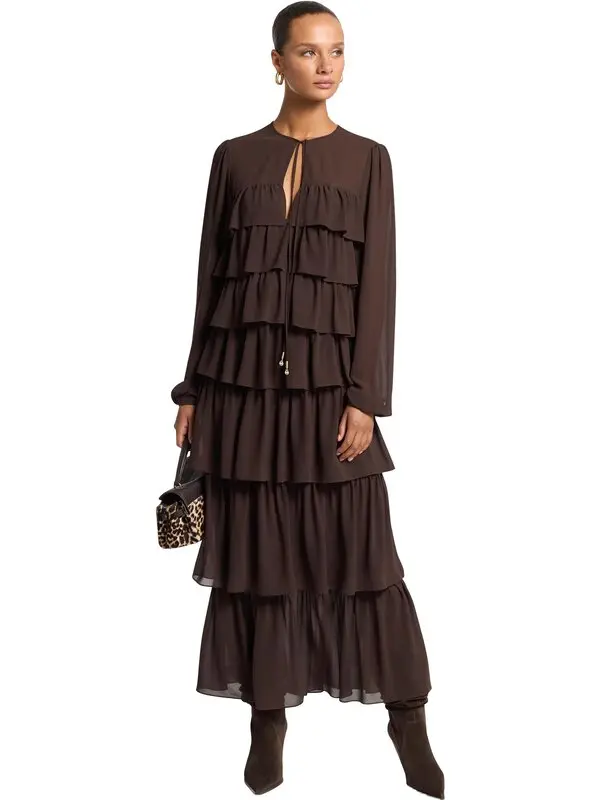 Michael Kors Ruffled Georgette Maxi Dress In Size By - Brown