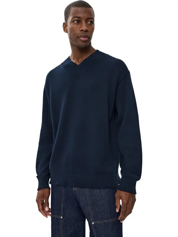 Helmut Lang Distressed V Neck Sweater - Dark Navy