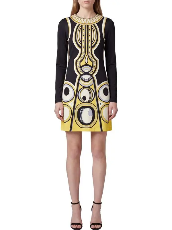 La DoubleJ Swing Viscose Mini Dress With Ethnic Pattern And Long Sleeves - Multicolor