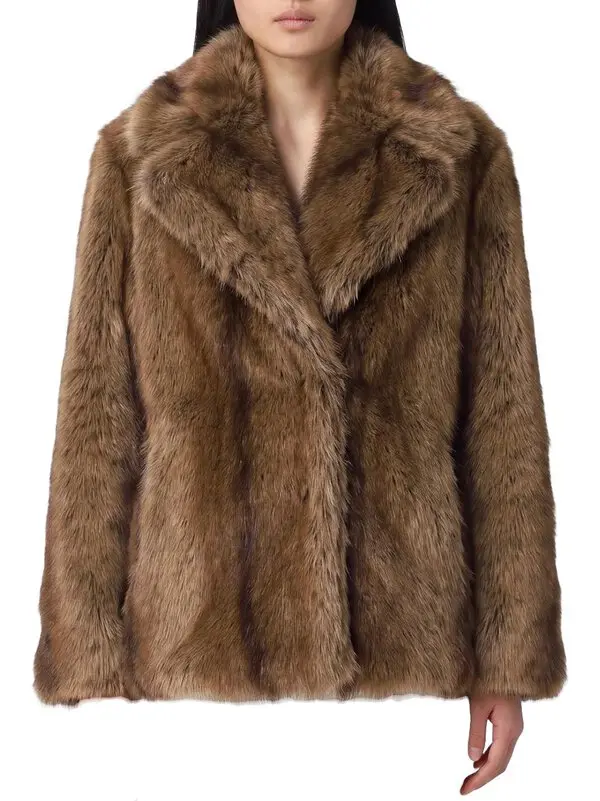Pinko Short Faux Fur Jacket With Classic Collar And Concealed Fastening - Beige