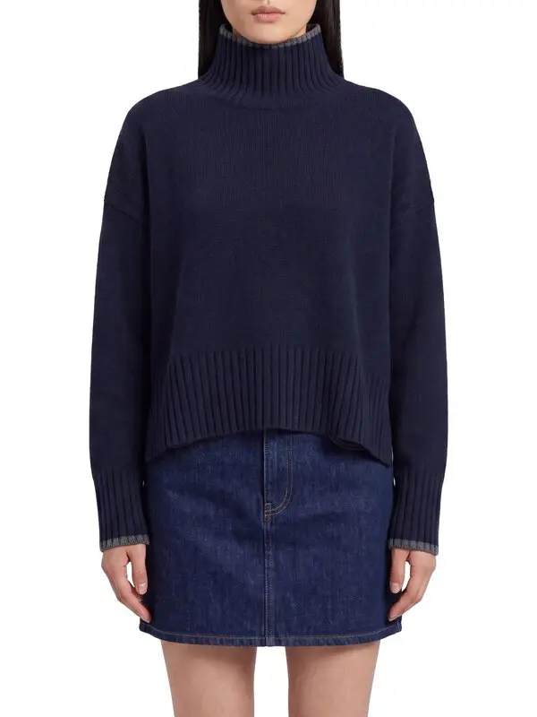 Pinko Wool And Cashmere Turtleneck Jumper With Dropped Shoulders And Contrast Trim - Blue