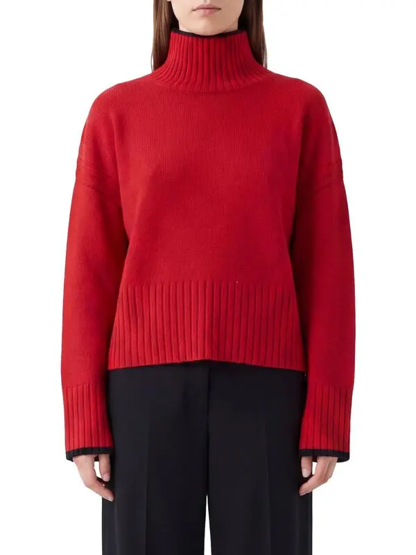Pinko Wool And Cashmere Turtleneck Jumper With Dropped Shoulders And Contrast Trim - Red