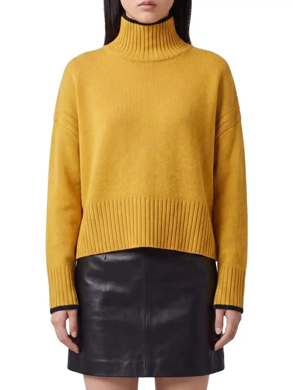 Pinko Wool And Cashmere Turtleneck Jumper With Dropped Shoulders And Contrast Trim - Yellow