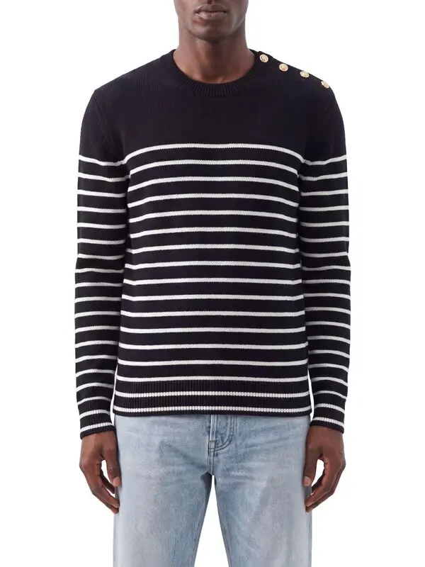 Dolce & Gabbana Striped Wool-blend Crewneck Jumper With Shoulder Buttons - Blue