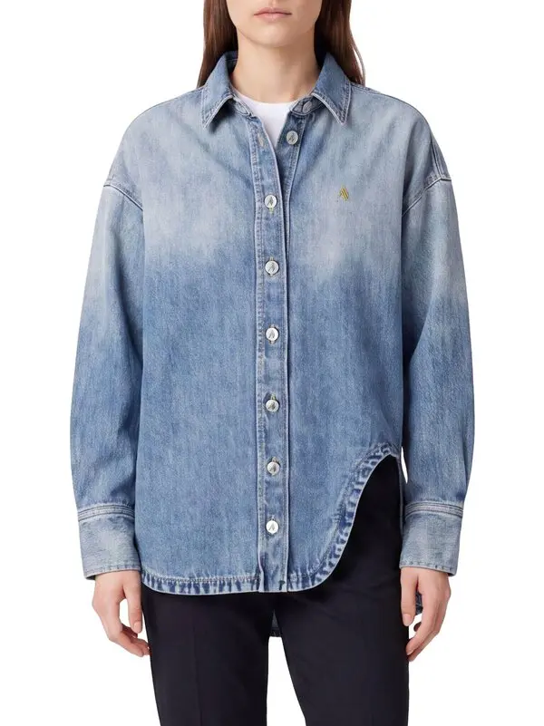 Attico Relaxed Fit Bleached Denim Shirt With Dropped Shoulders And Embroidered Logo - Blue