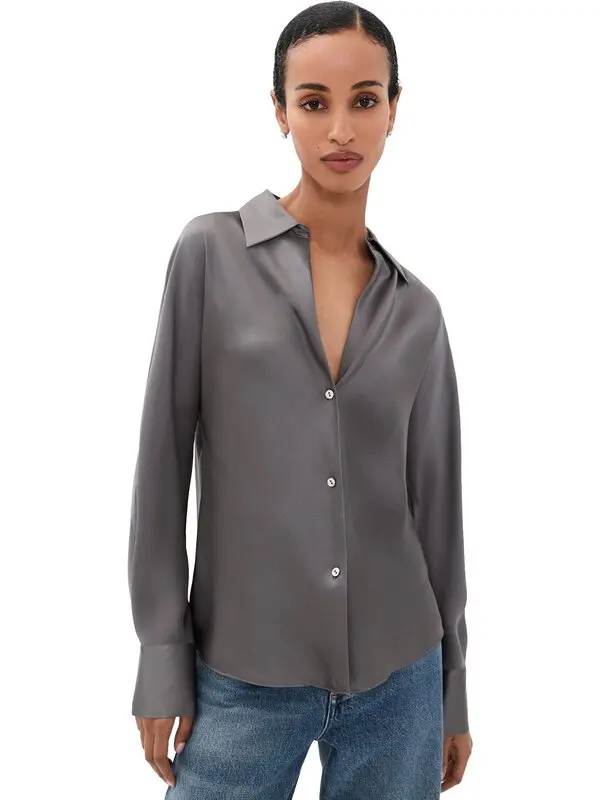 Vince Bias Silk Button Down Shirt - Wolf