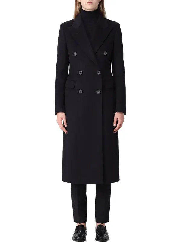 Tagliatore Double-breasted Pure Cotton Long Coat With Peak Lapels - Black
