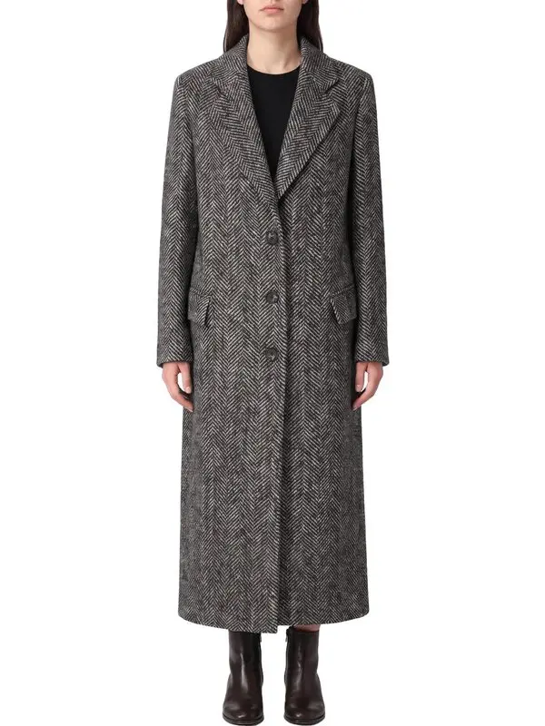 Tagliatore Single-breasted Long Coat In Wool Blend With Chevron Pattern And Classic Lapels - Brown