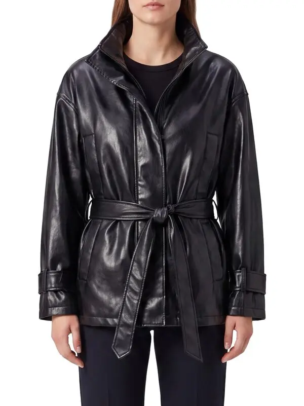 Federica Tosi Short Leather Jacket With Funnel Neck And Tie-waist Belt - Black