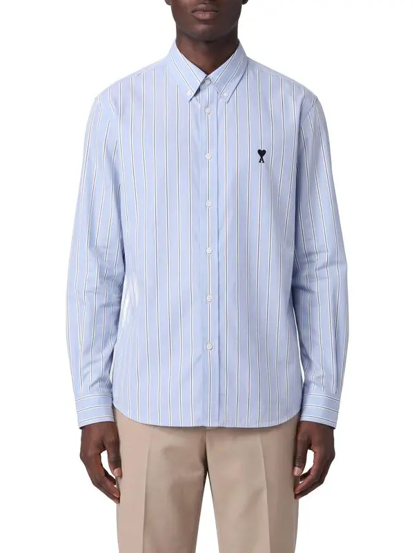 AMI Paris Relaxed Fit Long-sleeved Striped Cotton Shirt With Embroidered Logo - White