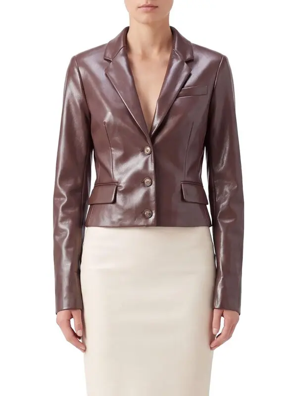 Andamane Slim Fit Single-breasted Faux Leather Blazer - Burnt