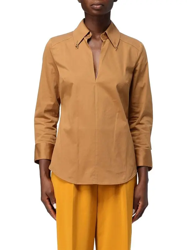 Elisabetta Franchi Slim Fit Stretch Cotton V-neck Shirt - Brown