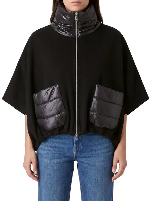 Herno Short Wool And Cashmere Blend Cape With Funnel Neck And Zip Closure - Black